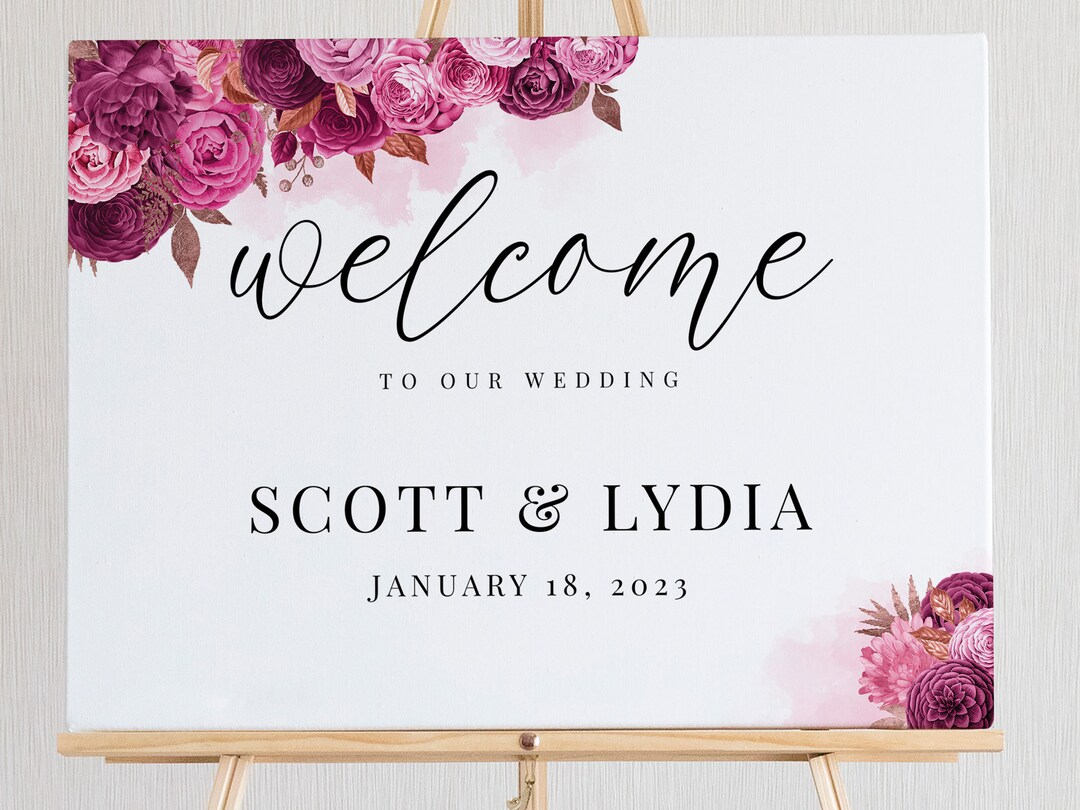 EDITABLE Magenta Flower Wedding Welcome Sign Red and Pink Flower ...