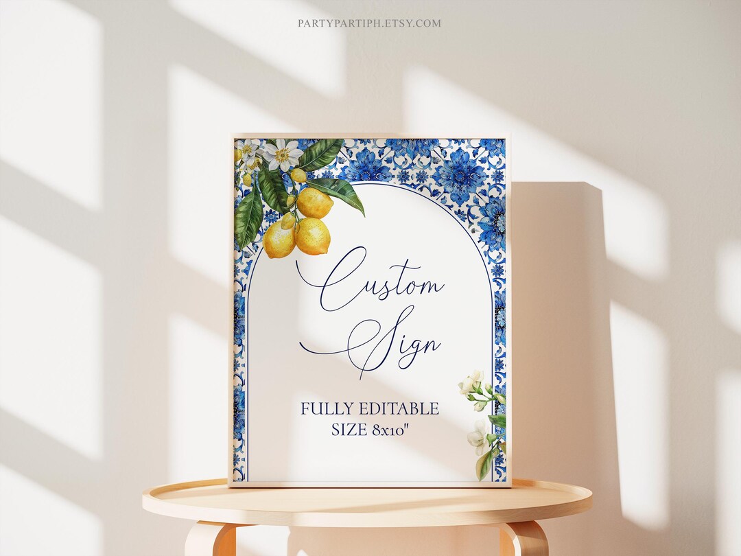 Editable Mediterranean Style Table Party Sign Mediterranean Tile Citrus ...