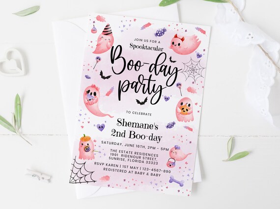 Editable Boo-day Halloween Pink Ghost Birthday Invitation Boo-day Party ...