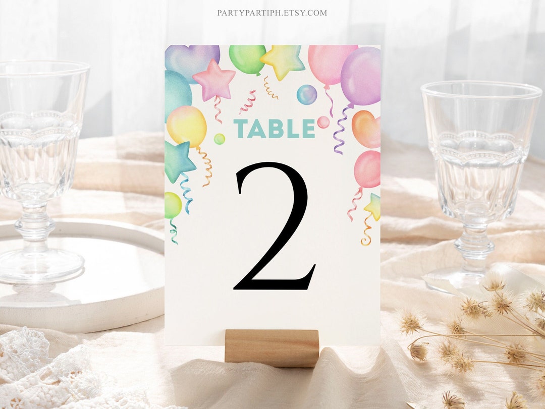 EDITABLE Rainbow Balloons Birthday Table Numbers Template Pastel ...