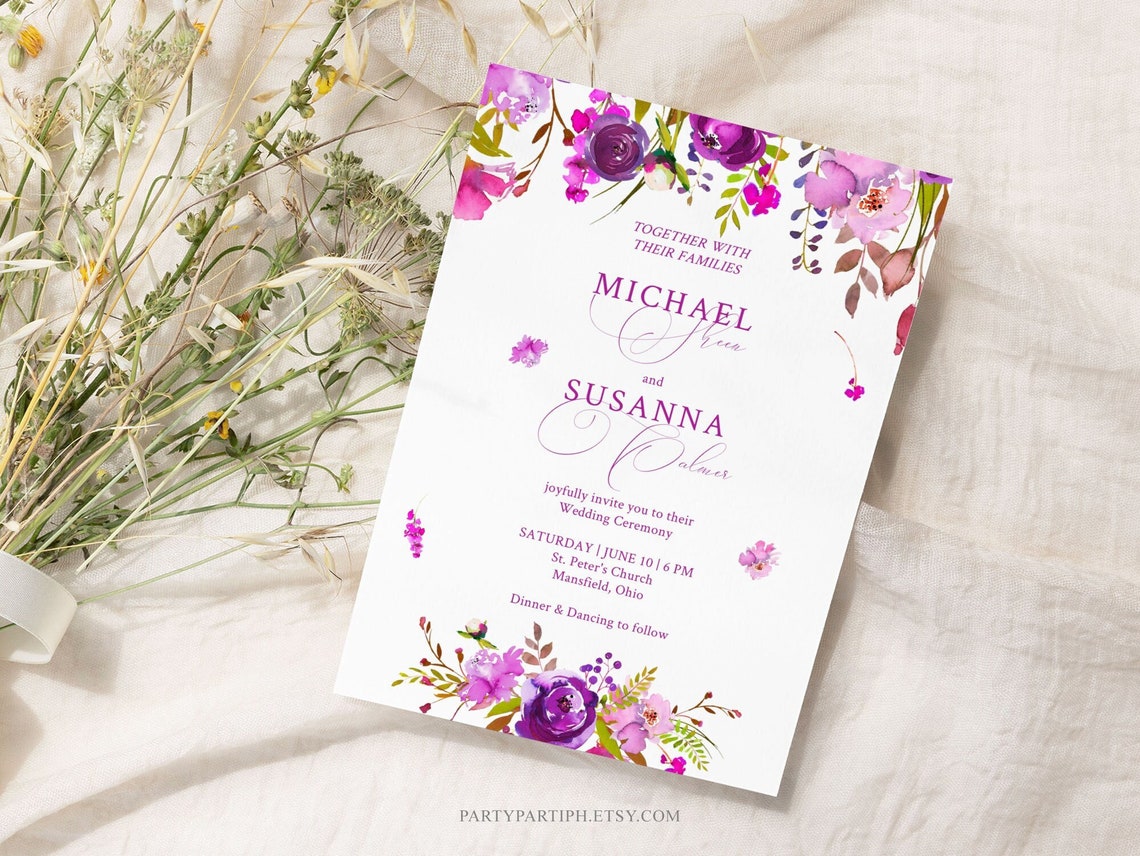 Editable Purple Flowers Wedding Invitation Template Instant Download ...