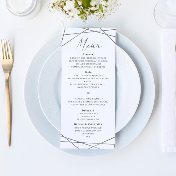 Editable Silver Menu Card Template (Wedding, Bridal Shower, Dinner ...