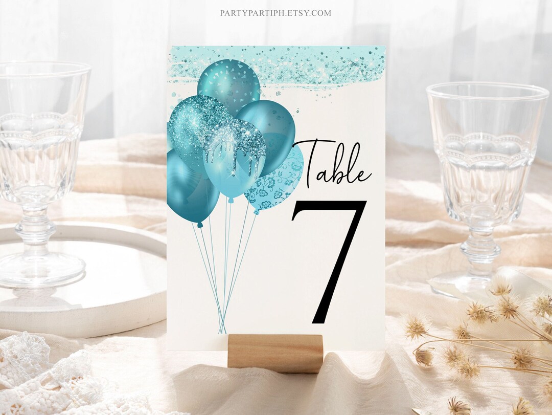 EDITABLE Metallic Balloons Birthday Table Number Template Glitter Blue ...