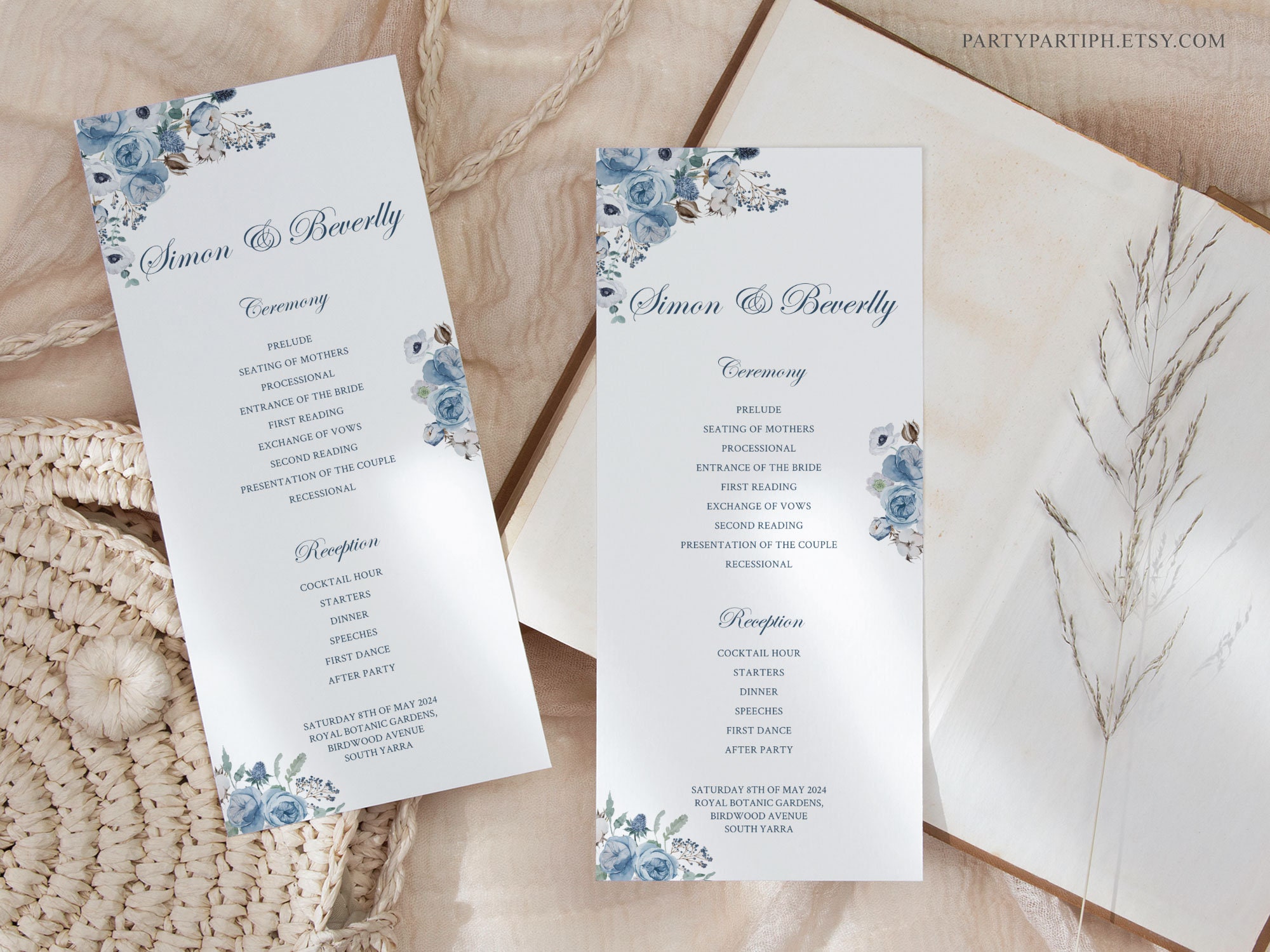 EDITABLE Blue Flower Program Card Template (wedding Bridal Shower ...