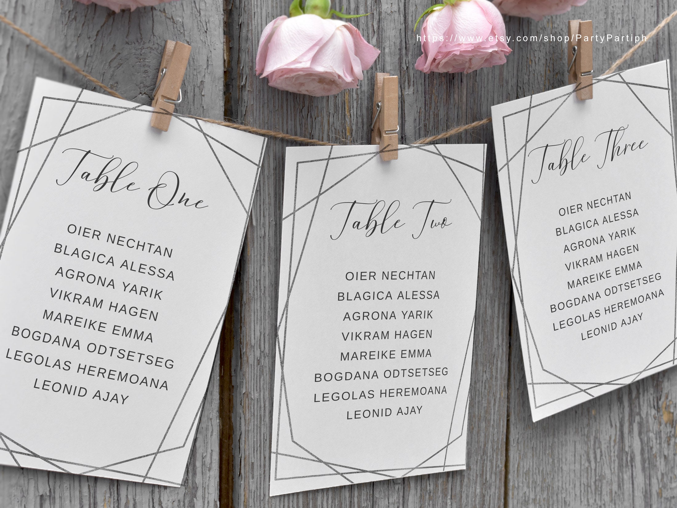 EDITABLE Silver Geometric Wedding Seating Table Cards, Find Your Table ...