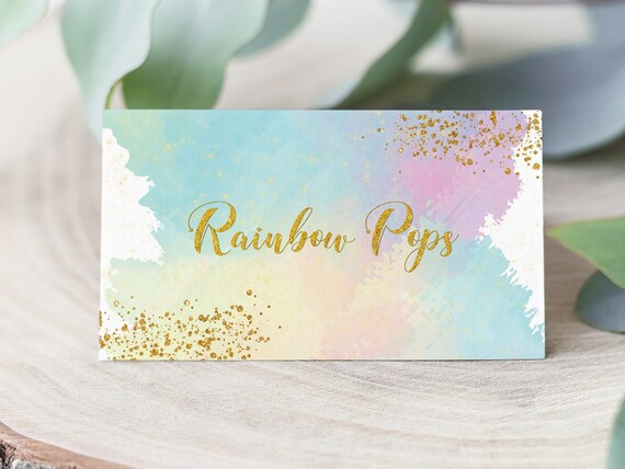 Editable Rainbow Place Card, Watercolor Rainbow Splash Name Card ...