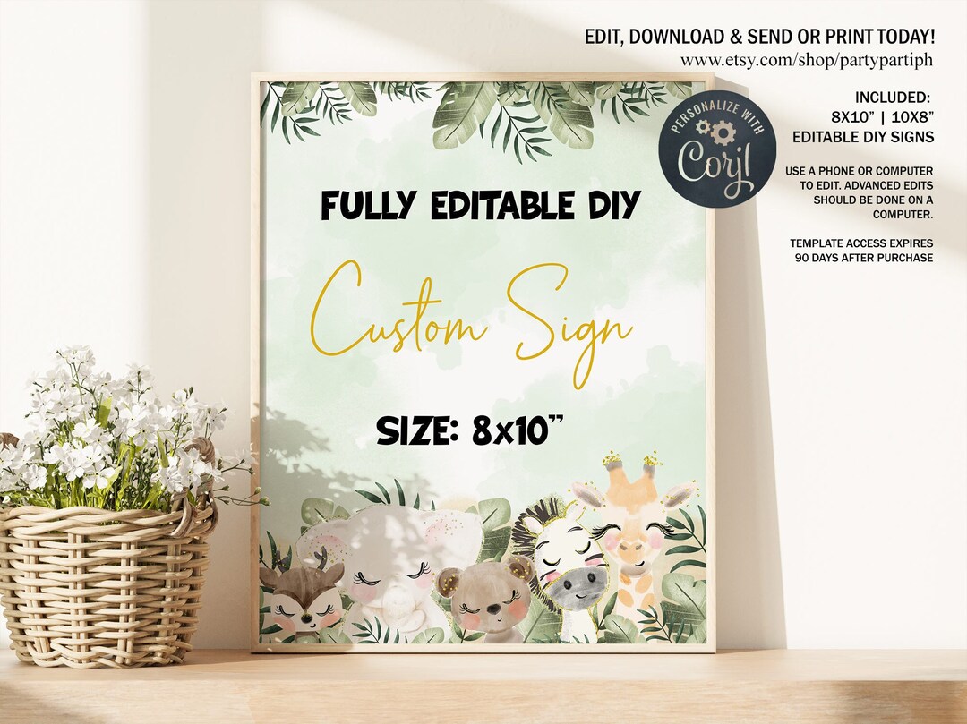 Editable Safari Animals Jungle Custom Sign portrait and - Etsy