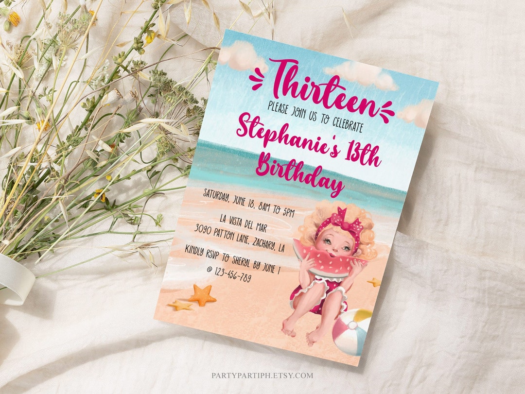 Editable Girl Beach Party Birthday Party Invitation Template Instant ...