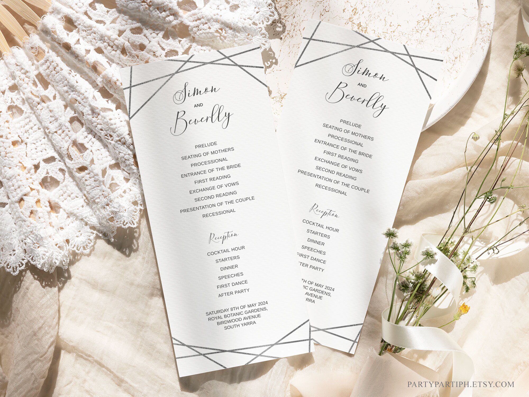 EDITABLE Silver Program Card Template (wedding Bridal Shower Dinner ...