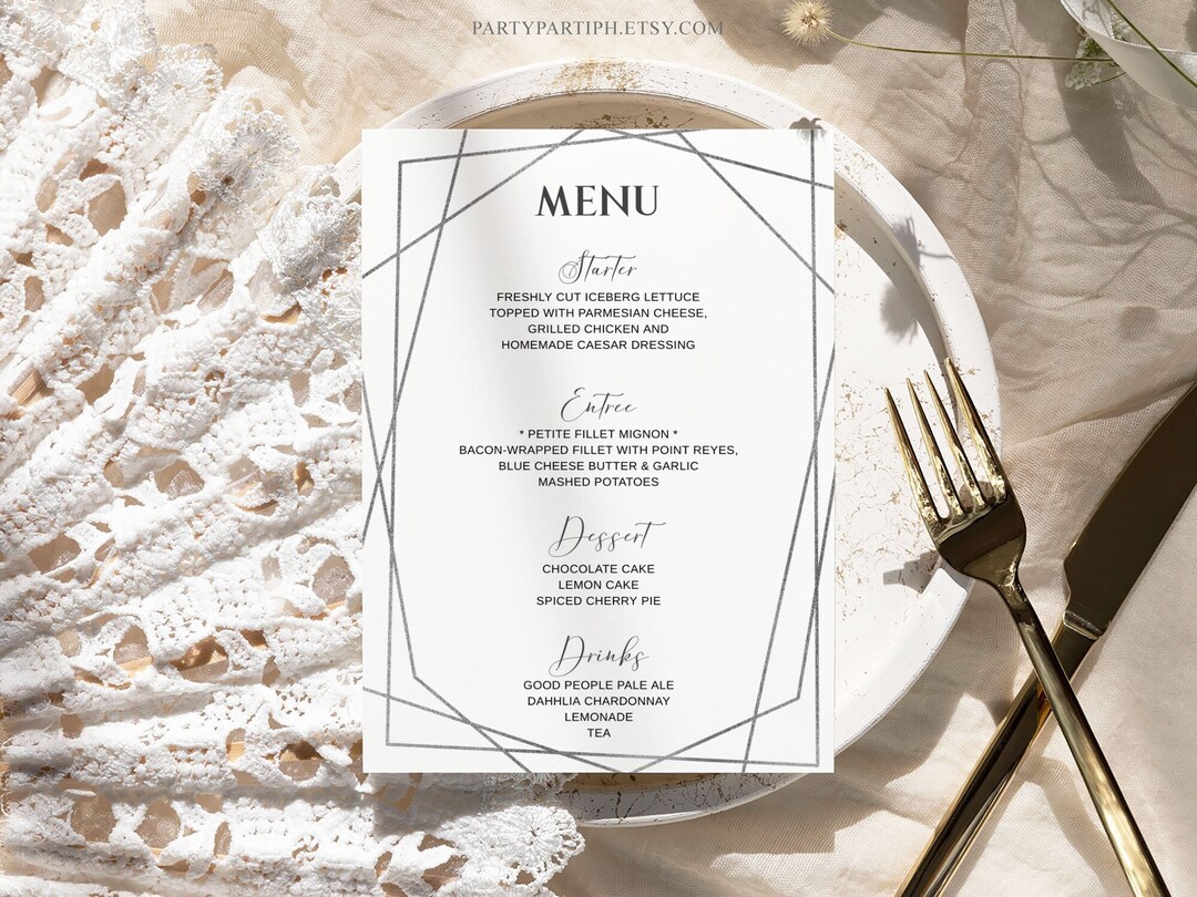 EDITABLE Silver Frame Wedding Menu Card Template Instant Download ...