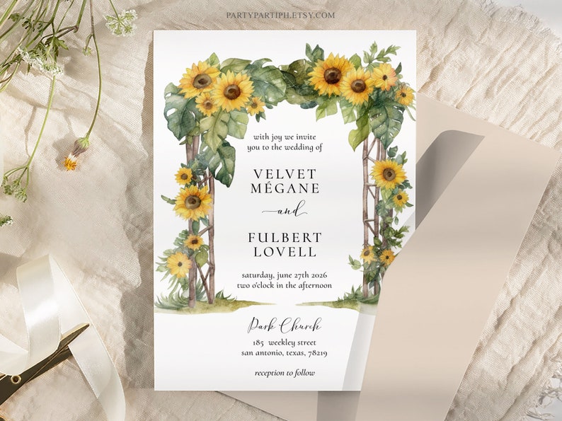 Editable Sunflower Wedding Invitation Template Elegant Yellow Rustic Flowers Wedding Invitation ...