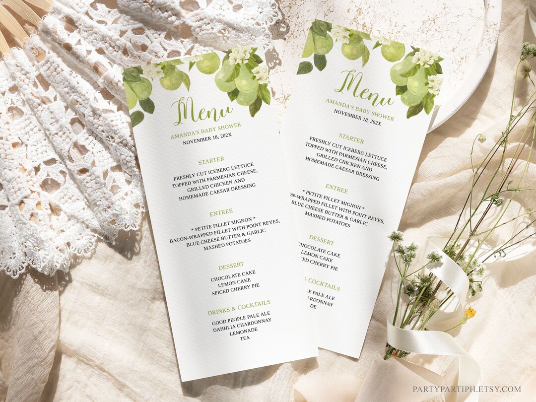 Editable Perfect Pear Baby Shower Menu Card Template Twin Pear Menu ...