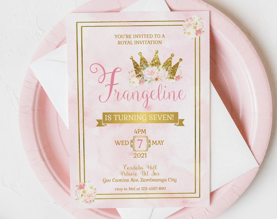 Editable Crown Princess Birthday Invitation Template, Floral Invitation ...