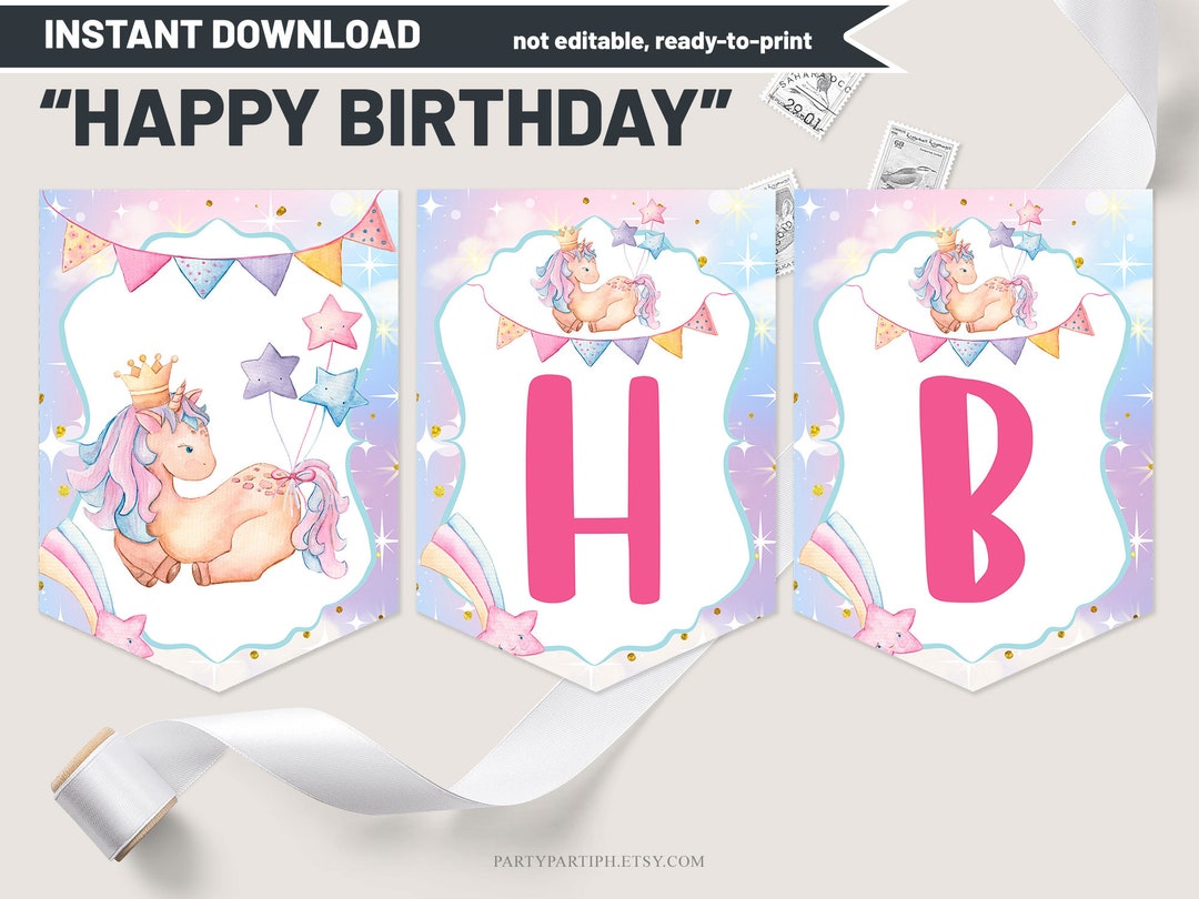 Printable Rainbow Unicorn Happy Birthday Party Banner Unicorn Birthday ...