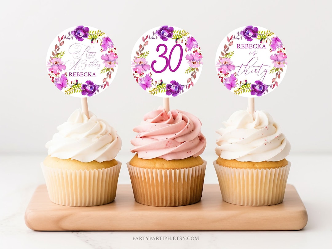Editable Purple Flowers Cupcake Toppers Template Instant Download ...