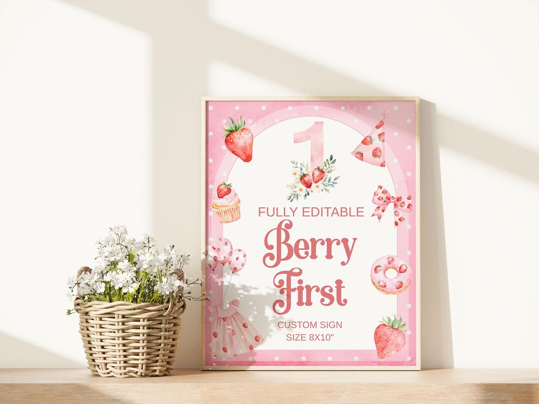 Strawberry Table Sign: First Birthday Editable Party Decor (digital ...