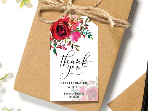 Editable Red Florals Wedding Favor Tags, Red Roses Gift Tags, Red Gift ...