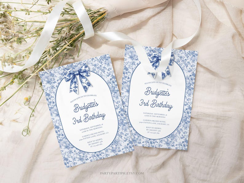 EDITABLE Blue Toile Birthday Invitation Template Blue Florals Birthday ...