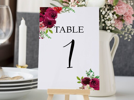 EDITABLE Boho Burgundy Floral Wedding Table Numbers, Template Romantic ...