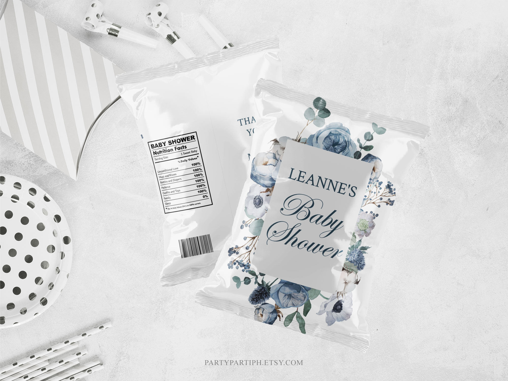 Editable Blue Chip Bag Baby Shower Party Favor Treat Bag Dusty Blue ...