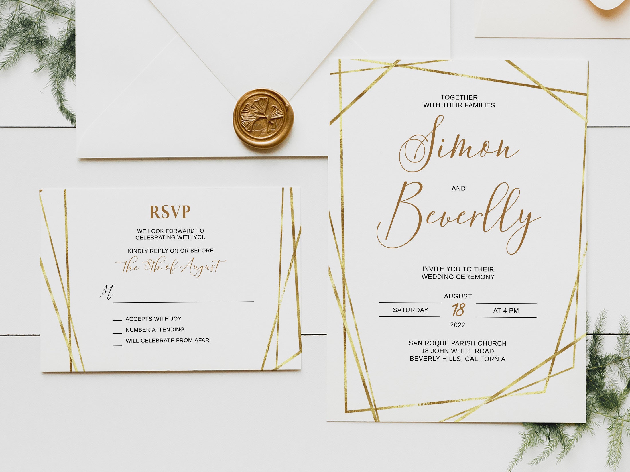 Gold Wedding Invitation Template Set, INSTANT Download, Gold Geometric ...