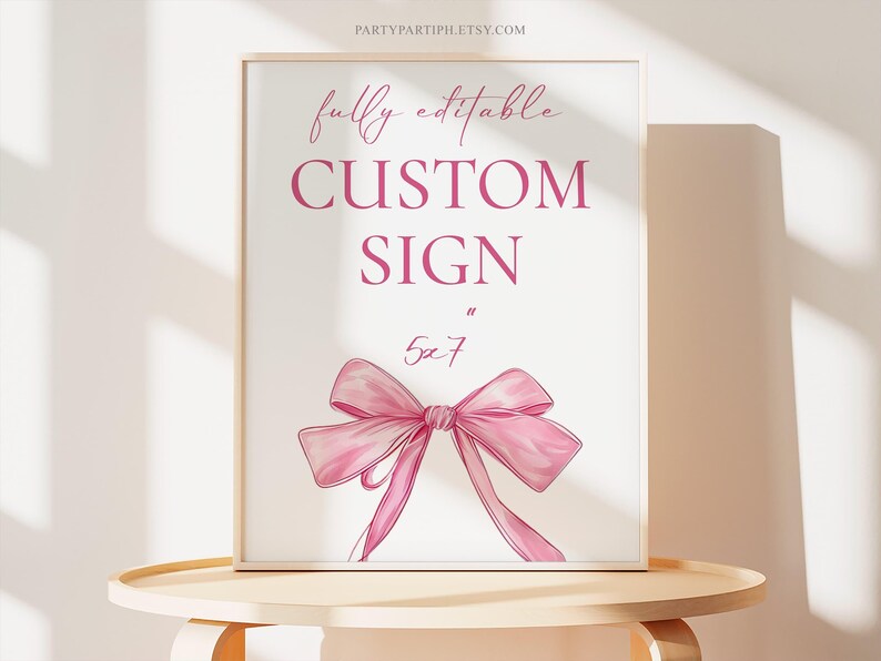 EDITABLE Pink Bow Custom Table Sign Template Girl Bow Theme Birthday ...