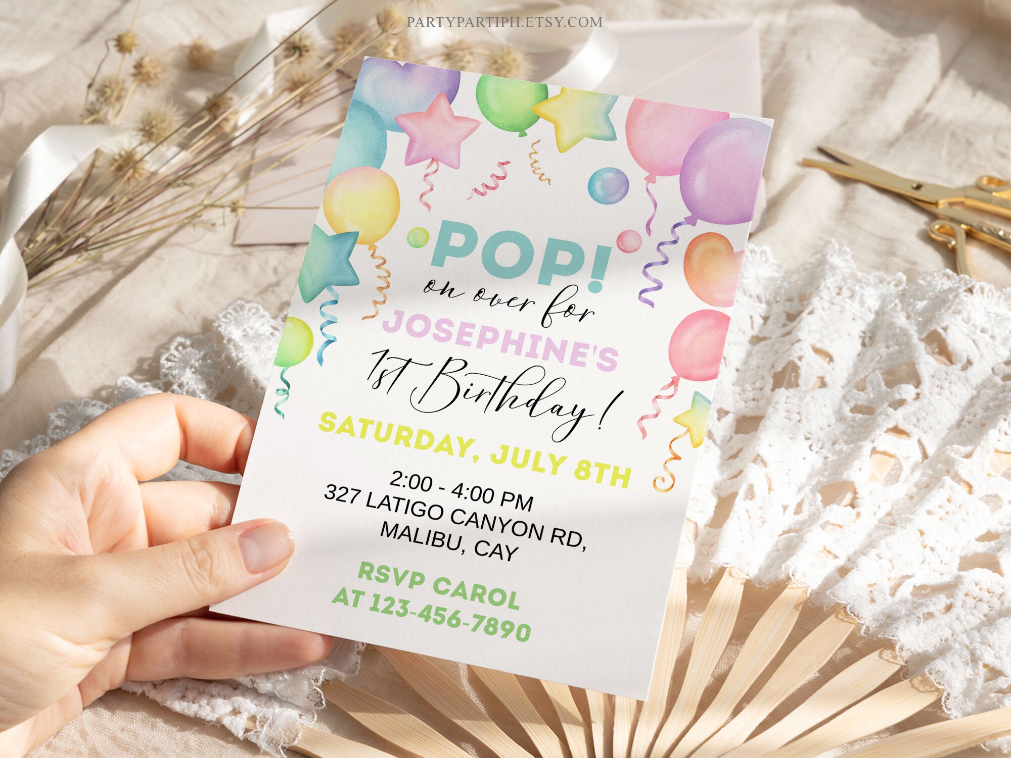 Editable Pastel Rainbow Balloons Birthday Invitation Baby Rainbow ...