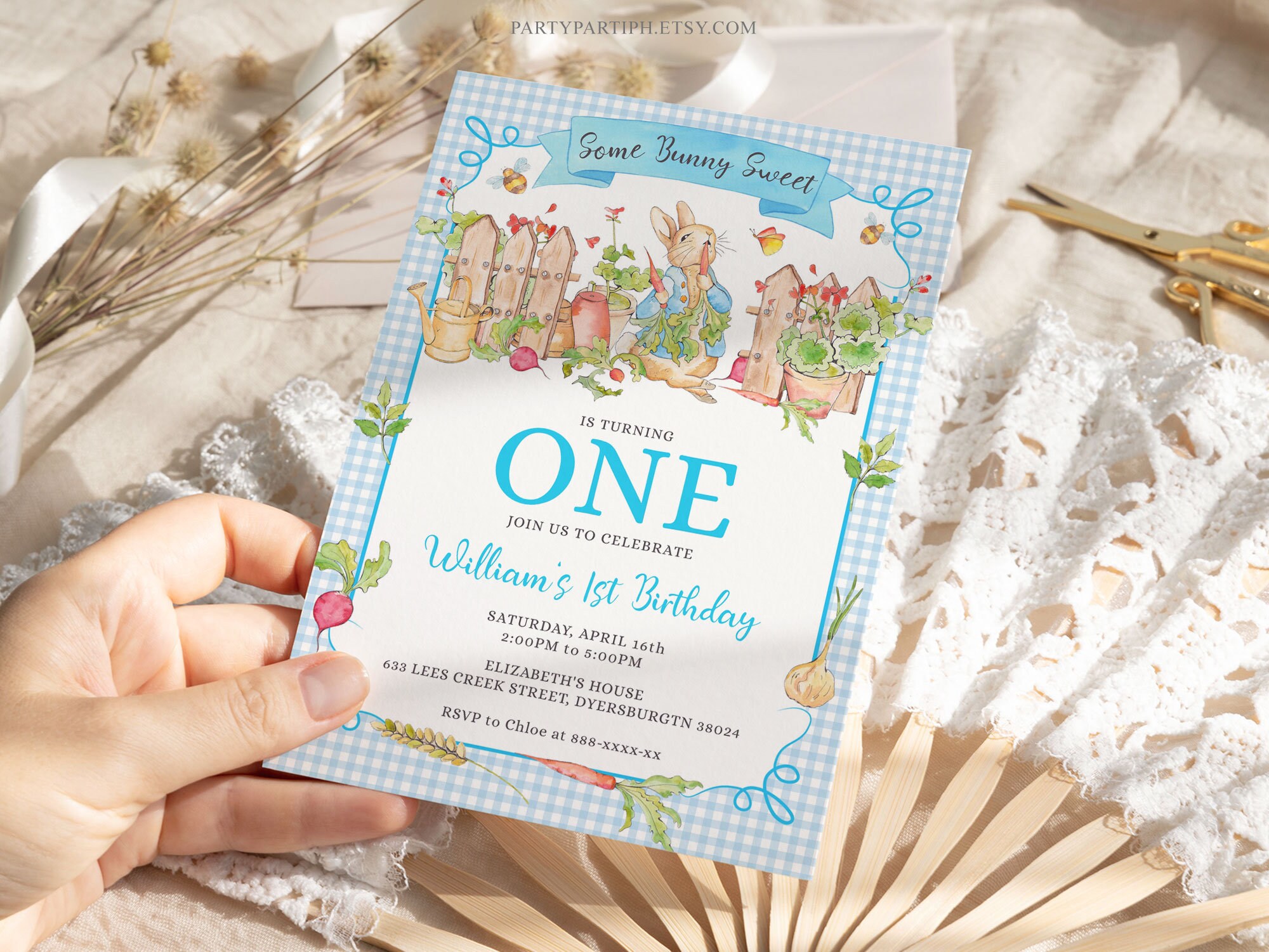 Editable Peter Rabbit First Birthday Invitation Template Some Bunny is ...