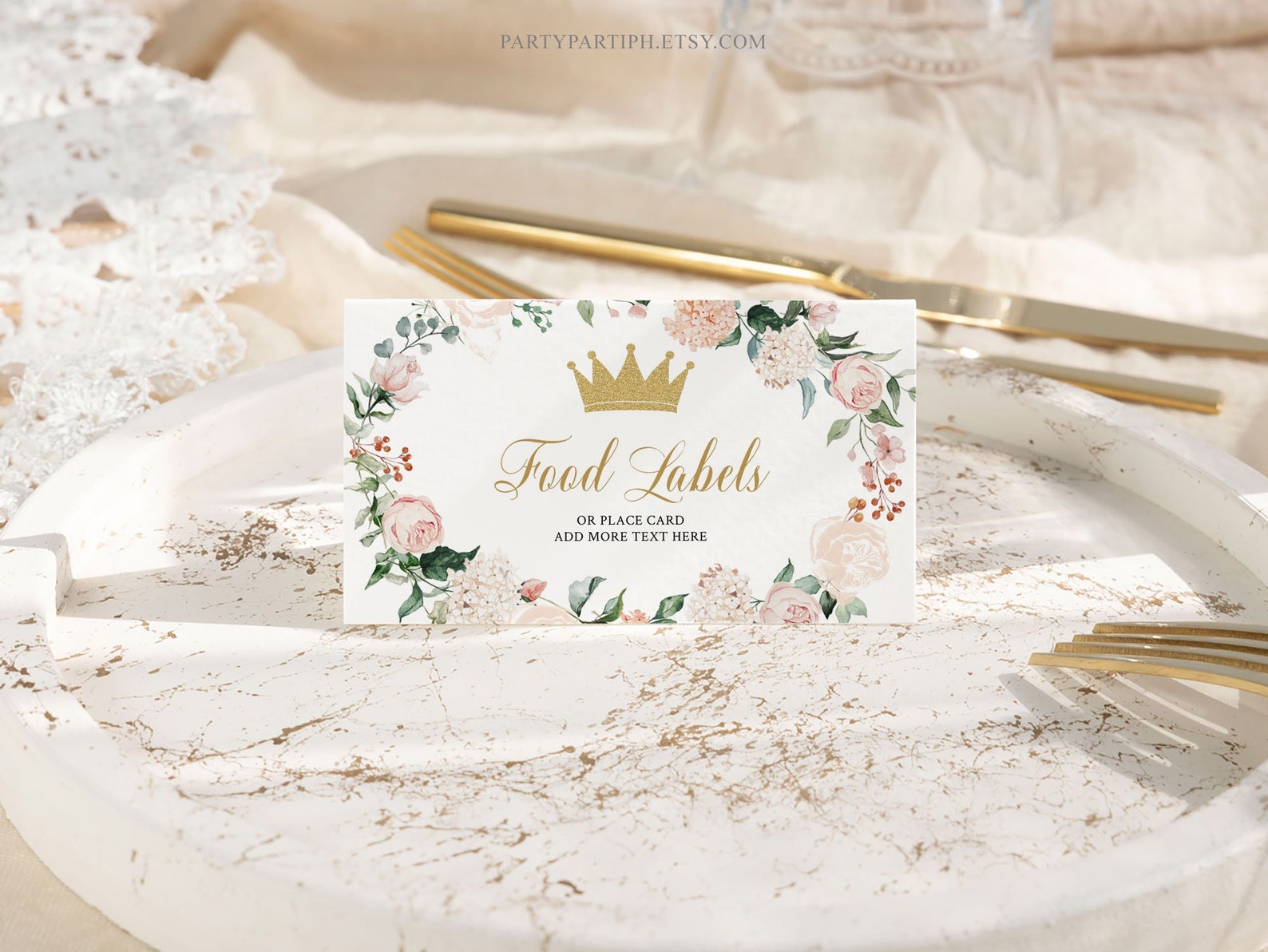 Editable Gold Crown and Flowers Quinceanera Place Cards Template ...