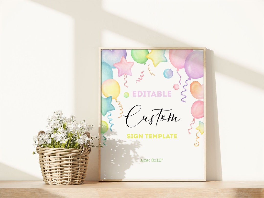 Editable Rainbow Balloons Birthday Custom Sign Pastel - Etsy