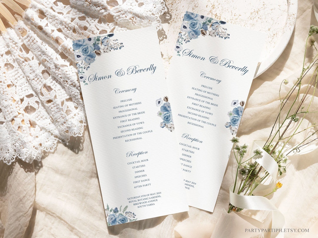 EDITABLE Blue Flower Program Card Template (wedding Bridal Shower ...