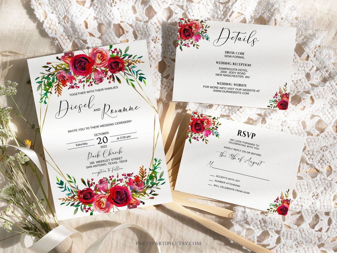 Editable Red Wedding Invitation Set Template Instant Download Red ...