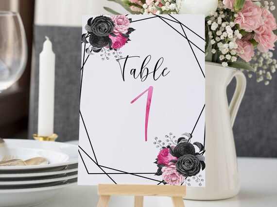 EDITABLE Hot Pink and Black Floral Wedding Table Numbers Template, Pink ...