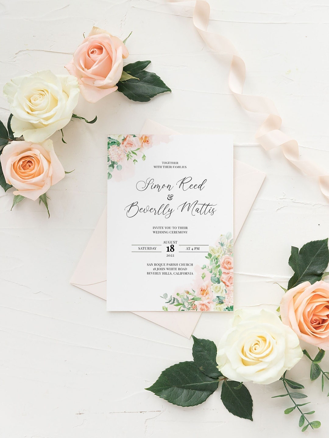 EDITABLE Peach Rose Wedding Invitation Template Peach Flowers Wedding ...