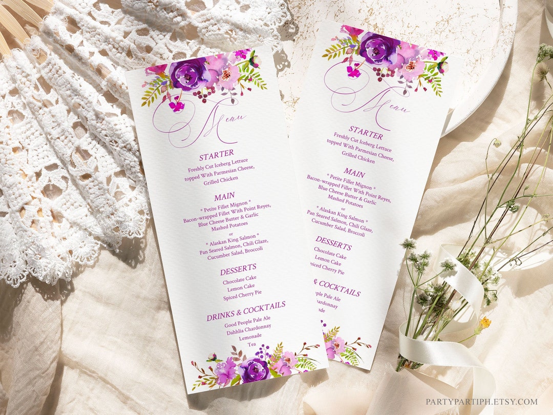 Editable Purple Flowers Menu Cards Template Instant Download ...