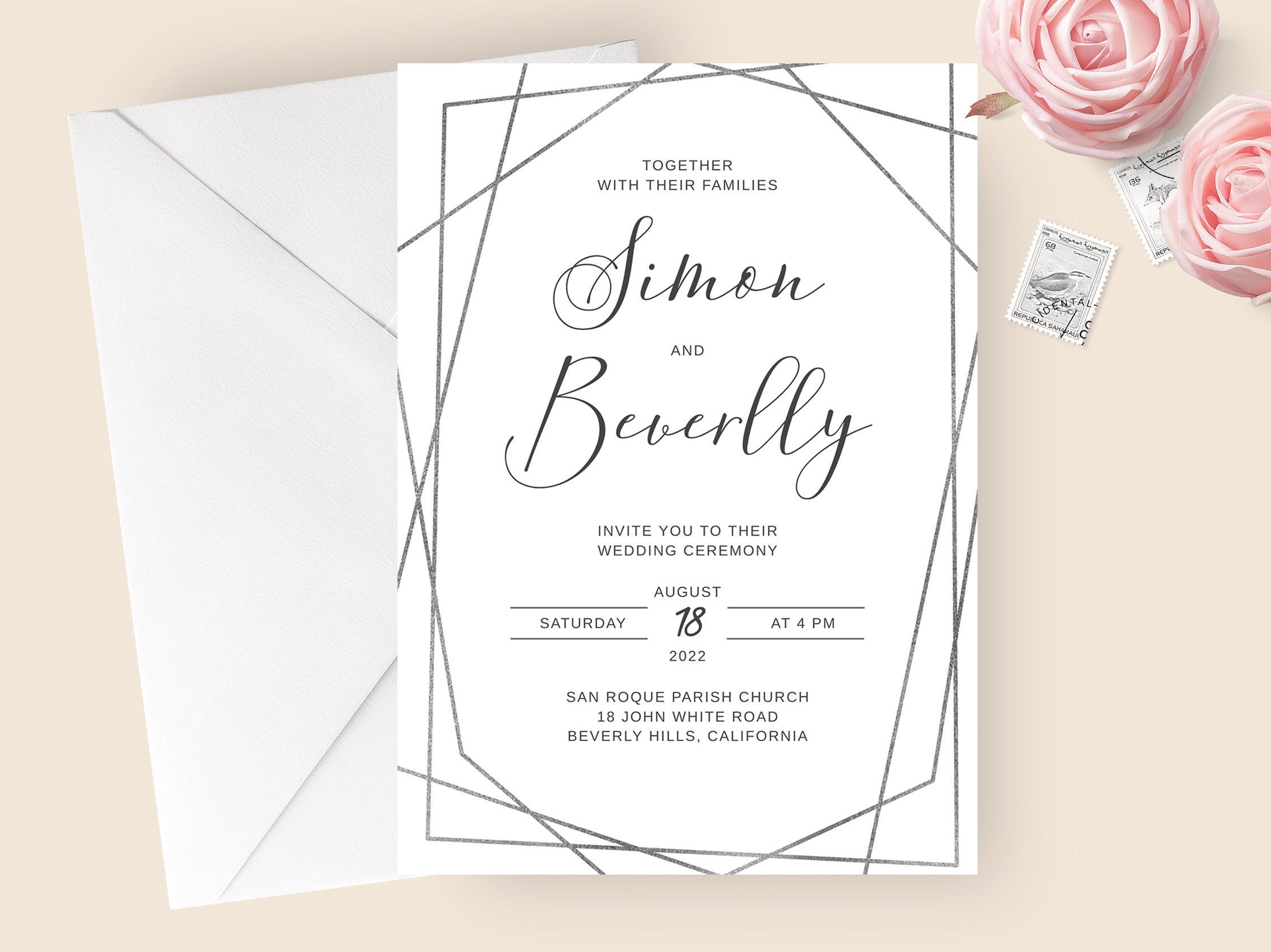 EDITABLE Silver Geometric Wedding Invitation Template INSTANT - Etsy