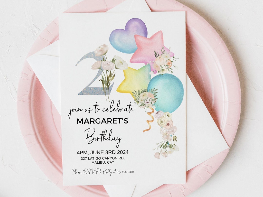 Editable Pastel Rainbow Balloons Birthday Invitation Baby Rainbow ...
