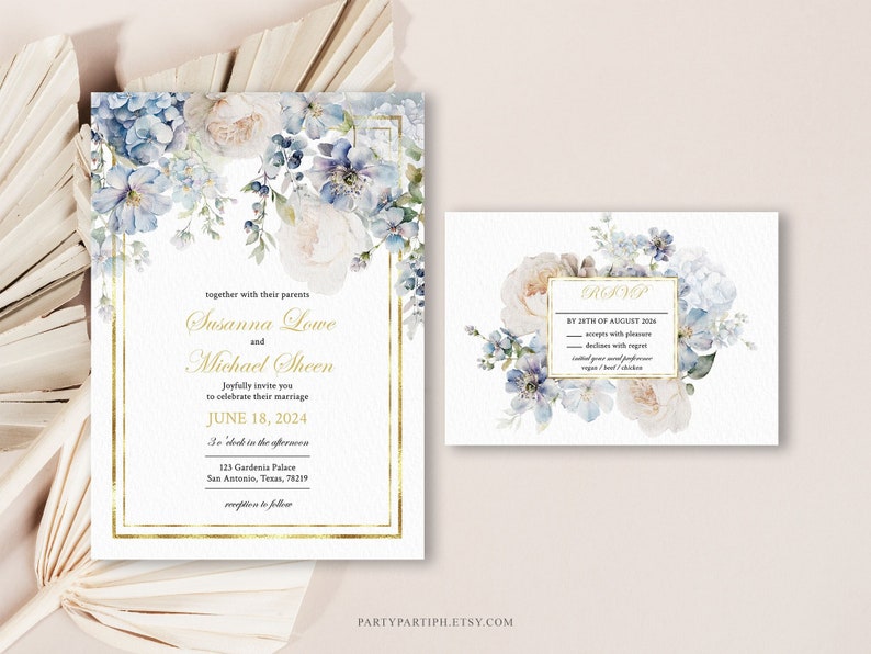 EDITABLE Blue Flowers Wedding Invitation Set Templates Gold Frame ...
