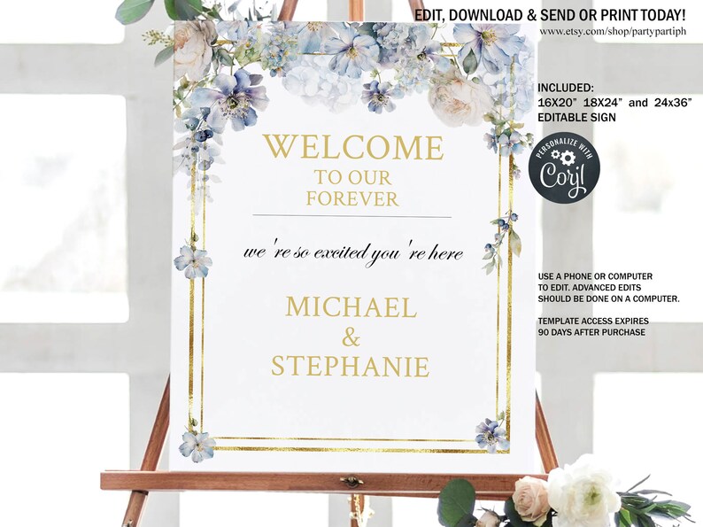 Editable Blue Flowers Wedding Welcome Sign Template Gold Frame Large ...