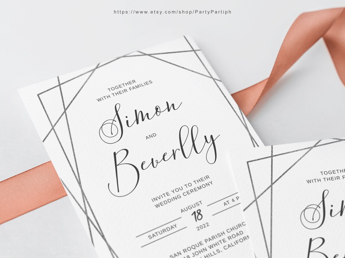 EDITABLE Silver Geometric Wedding Invitation Template INSTANT Download ...