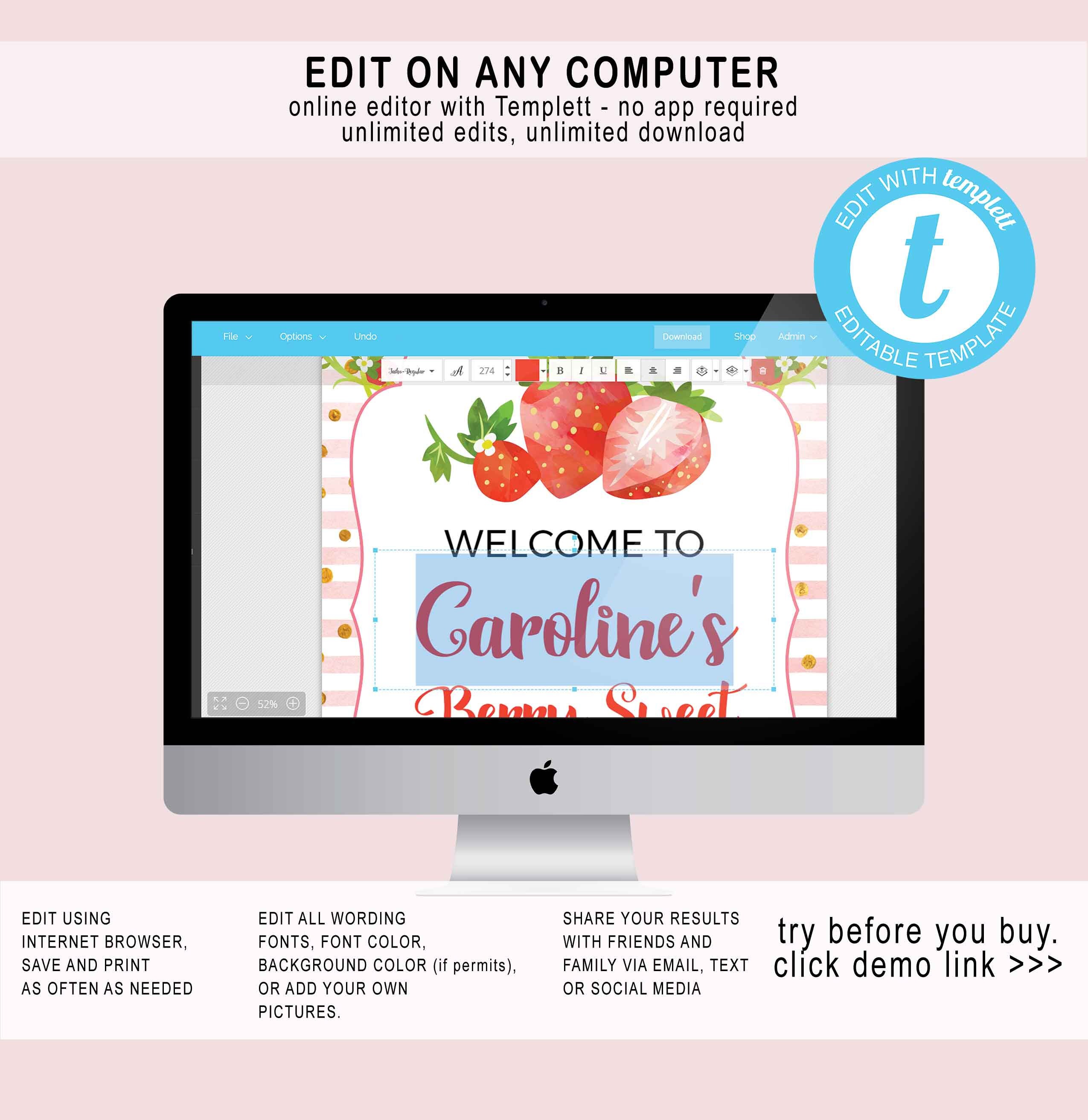 Editable Strawberry Custom Sign Sweet Berry Birthday Table | Etsy