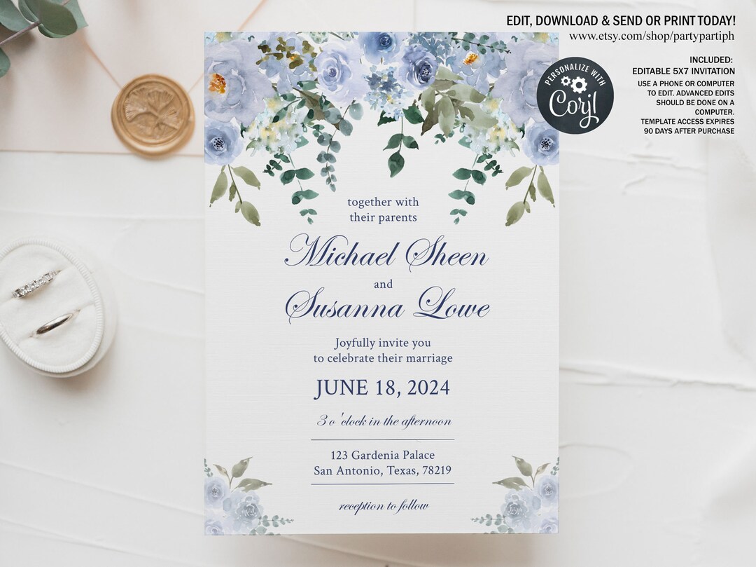 EDITABLE Blue Flowers Wedding Invitation Template Digital Invitation ...
