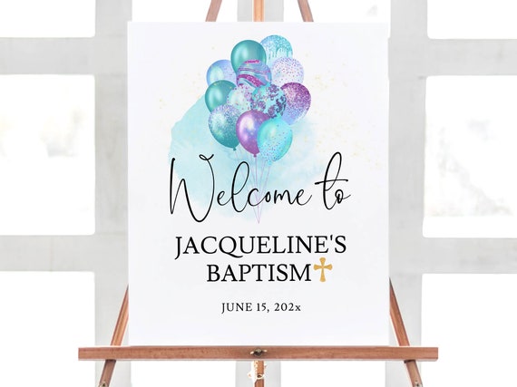 EDITABLE Aqua Purple Balloons Baptism Welcome Sign, Blue Shimmer ...