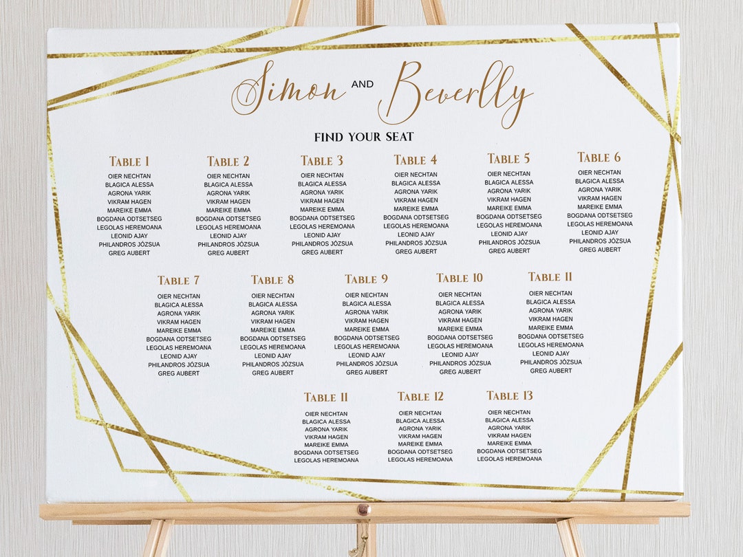 Editable Gold Frame Wedding Seating Chart Template Geometric Gold Large ...