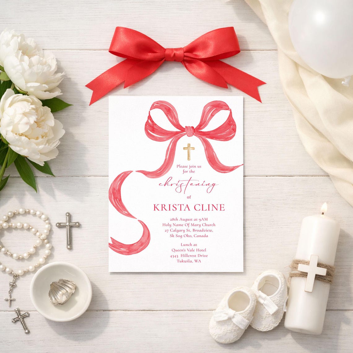 Red Bow Christening Invitation Template: Editable Girl Baptism Invite ...
