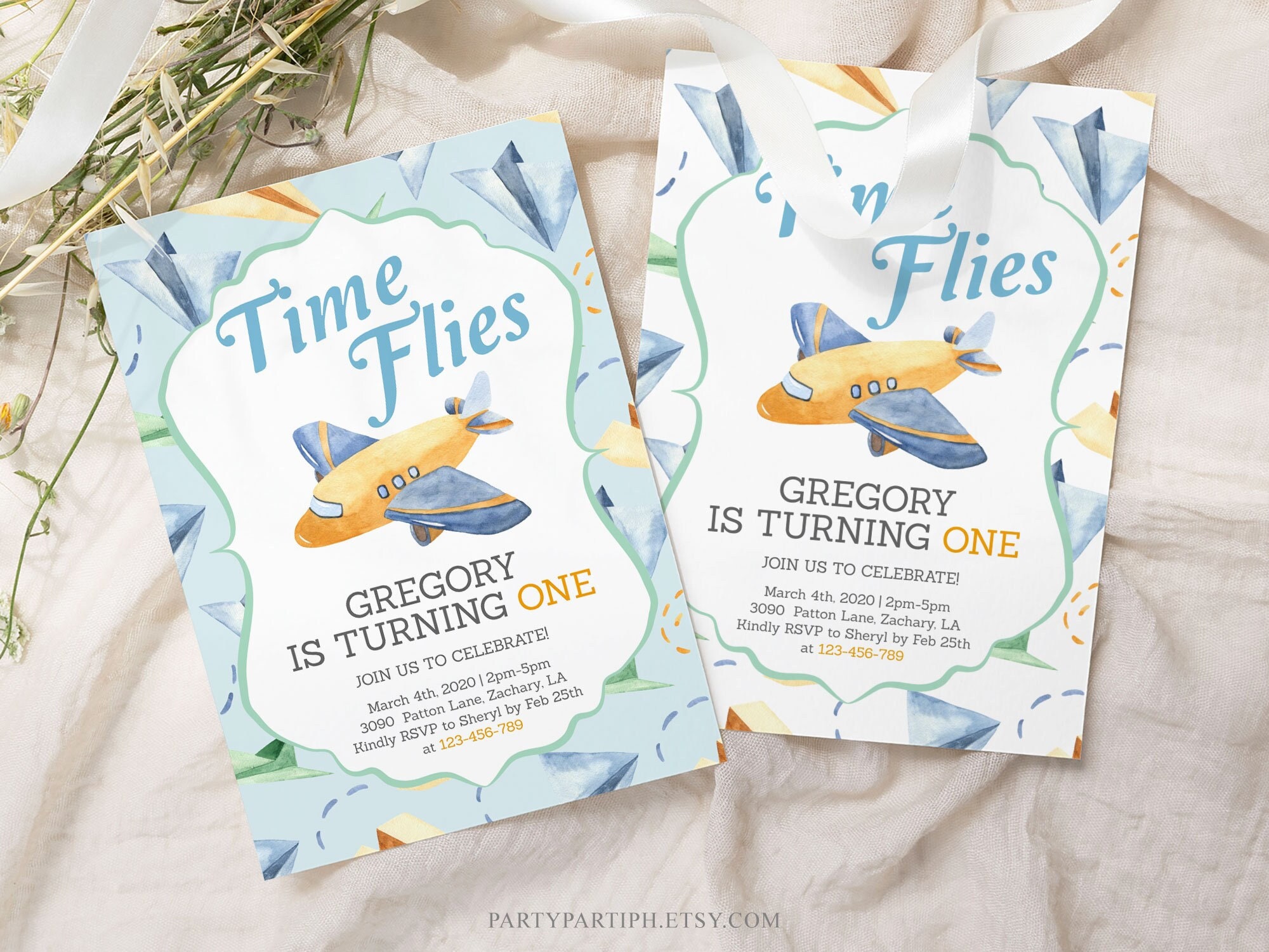 Editable Airplane Birthday Invitation Template Blue and White Aircraft ...