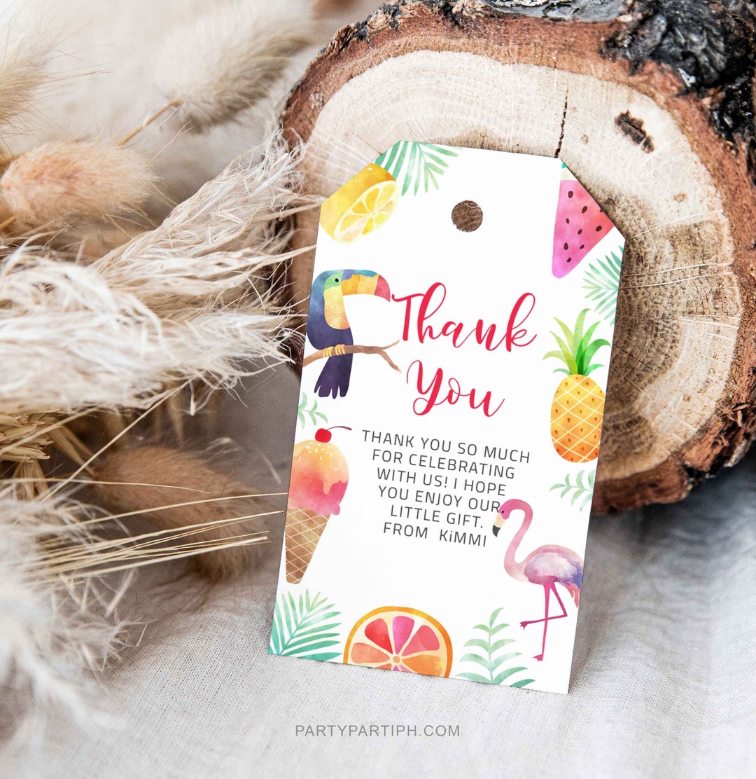 Editable Tropical Birthday Thank You Tags Flamingo Gift Tags Tropical ...