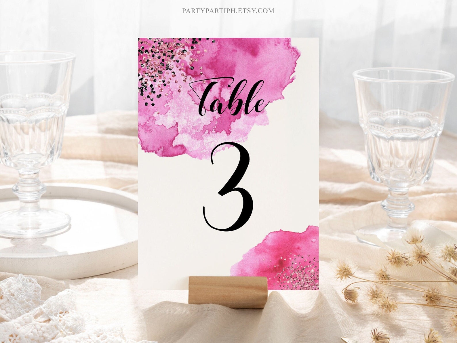 EDITABLE Hot Pink and Black Glitter Flower Wedding Table Numbers ...