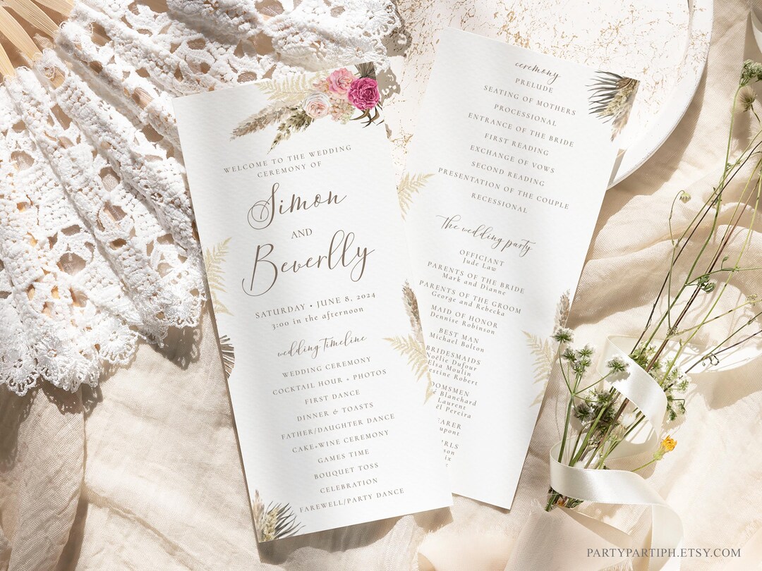 Editable Boho Wedding Program Template Pink Rustic Flowers Invite ...