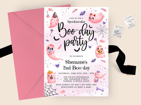 Editable Boo-day Halloween Pink Ghost Birthday Invitation Boo-day Party ...